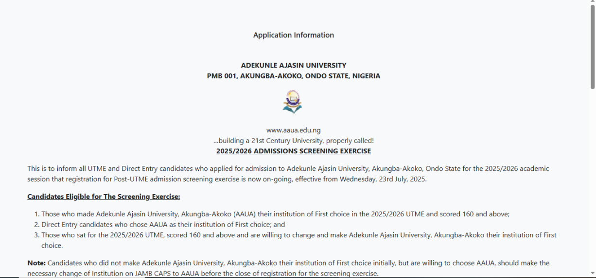 AAUA POST UTME Form 2025/2026 is Out | Apply Now - MyEduPlug