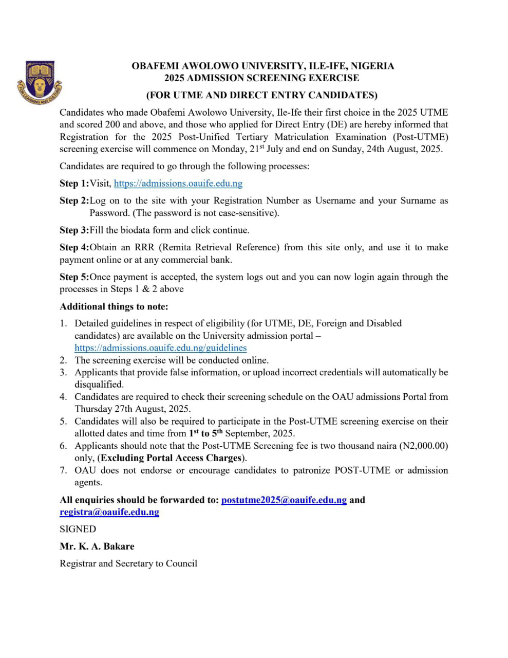 OAU POST UTME Form 2025/2026 is Out | Apply Now - MyEduPlug